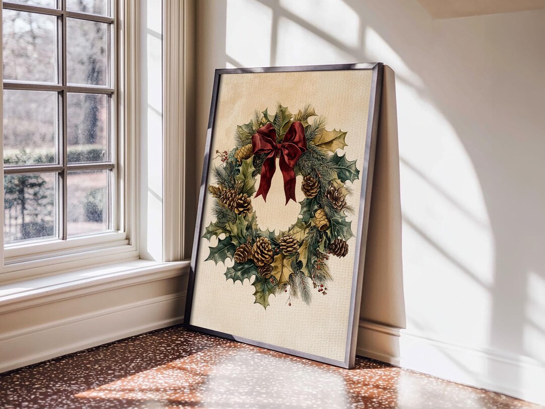 Vintage Christmas Wreath Canvas Print - Framed Canvas - Minimalist ...
