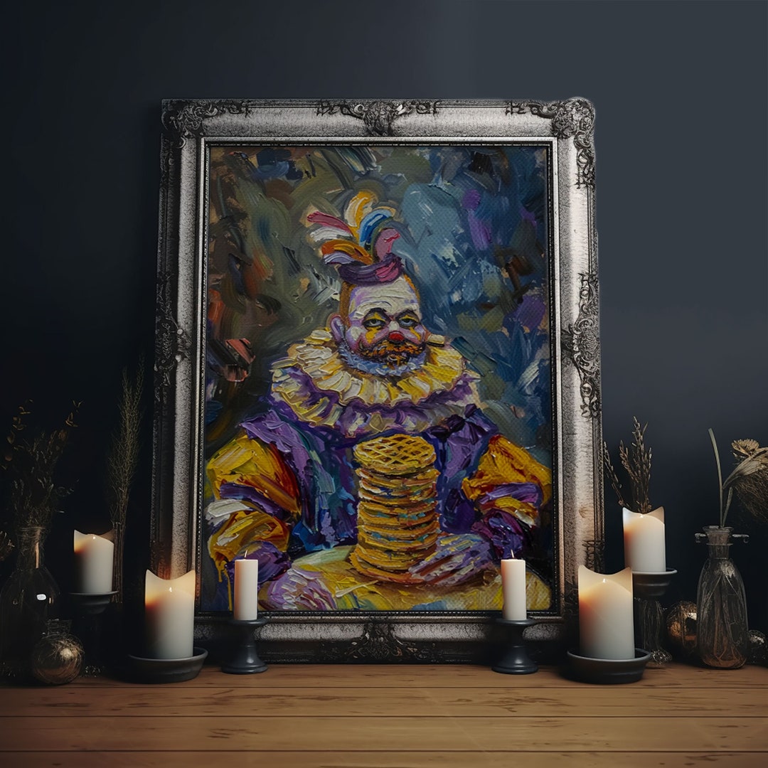 Whimsical Clown With Pancakes Framed Canvas Print | Halloween Circus ...