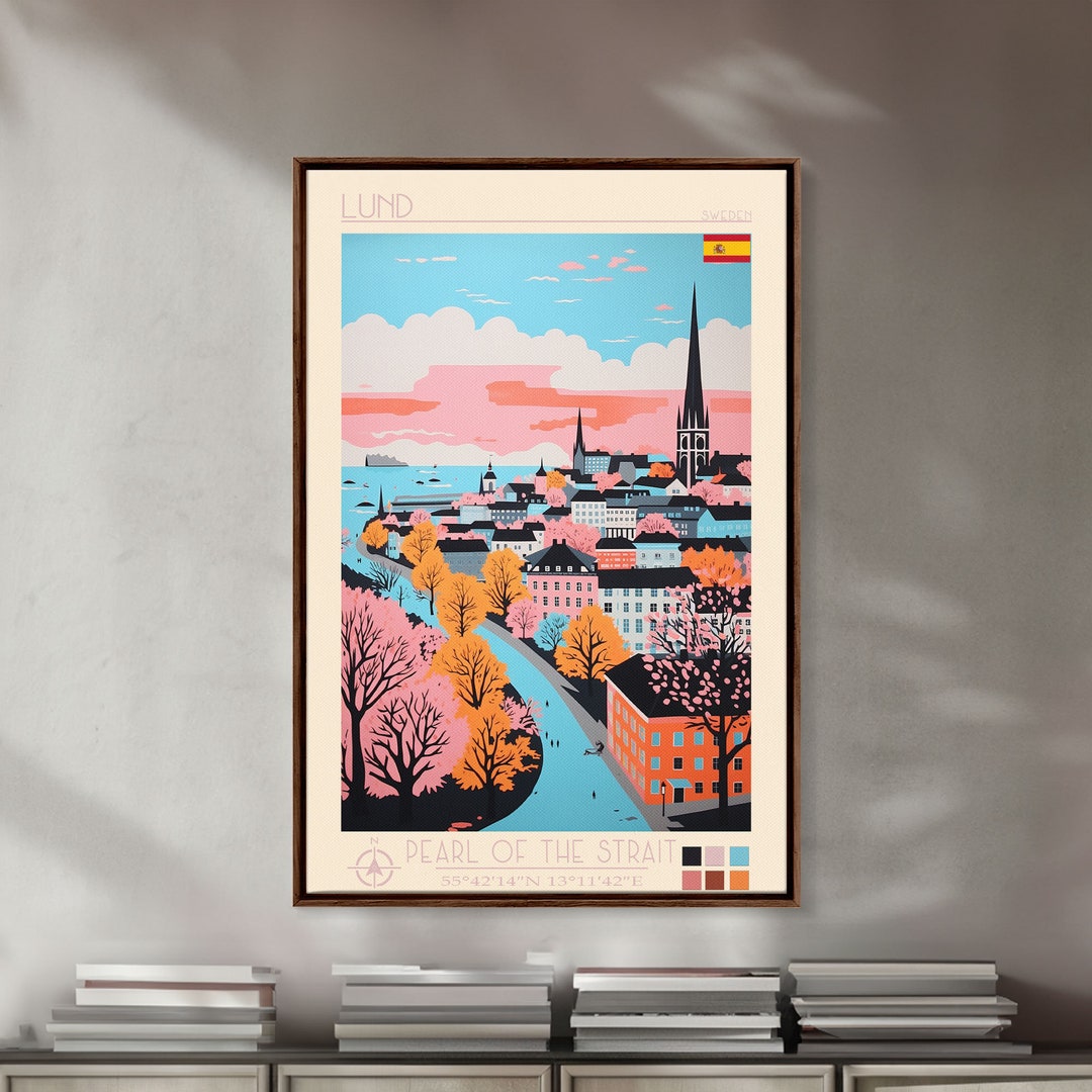 Lund Sweden Travel Poster Framed Canvas Print, Midcentury Modern Art ...