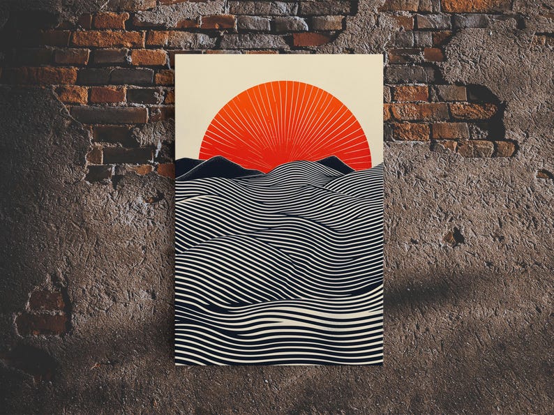 Japanese Sunset Line Art: Geometric Waves, Framed Canvas Print - Etsy