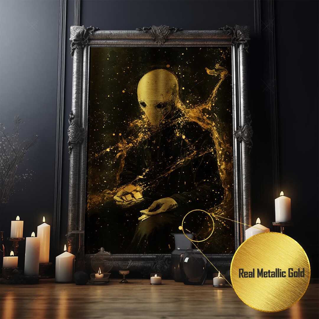 Creepy Masked Figure Metallic Gold Art Metal Art Haunted Horror ...
