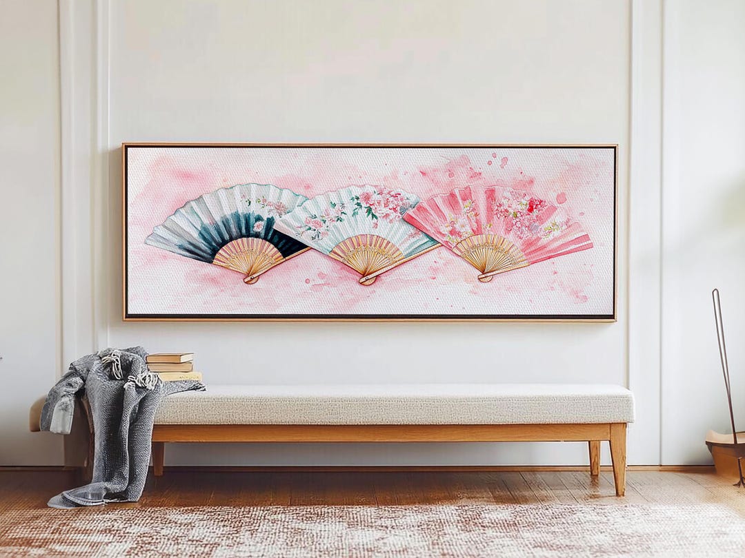 Floral Hand Fan Art Framed Canvas Print Chinoiserie Pink Wall Art ...