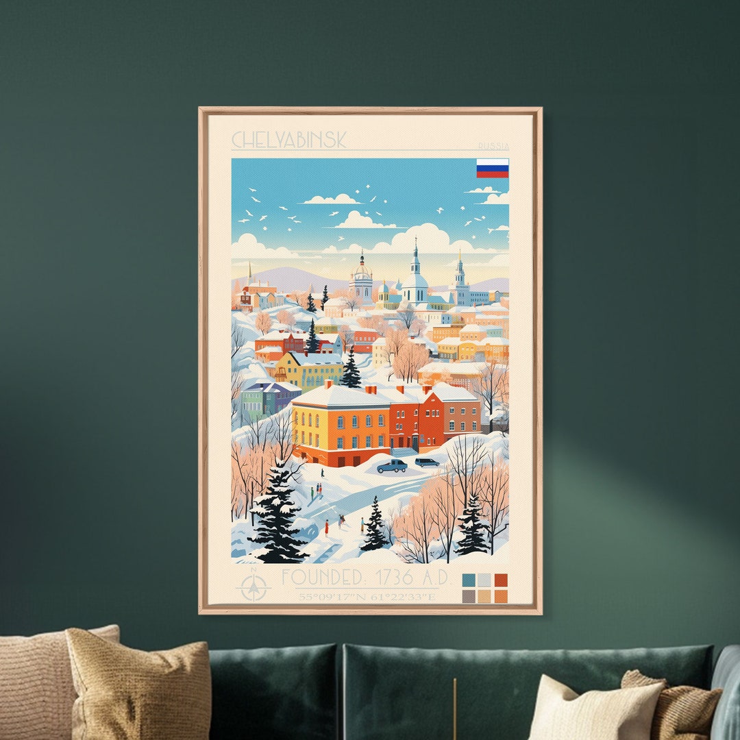Chelyabinsk Russia Travel Poster Framed Canvas Print, Midcentury Modern ...