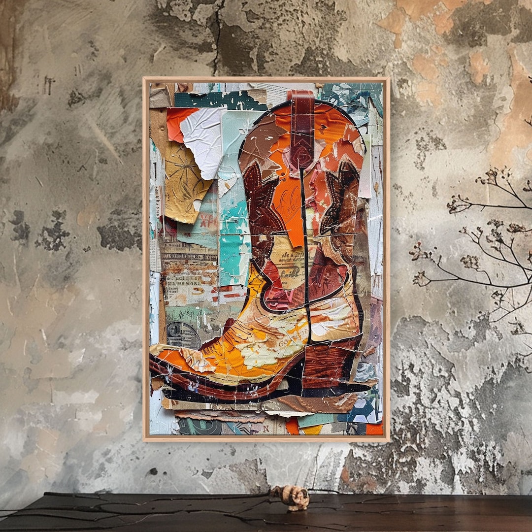 Rustic Cowboy Boot Collage on Distressed Background - Framed Canvas ...