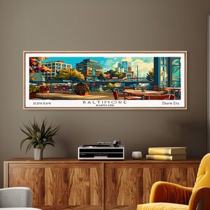 Baltimore Maryland Panoramic Wall Art Framed Canvas Print, Mid Century ...