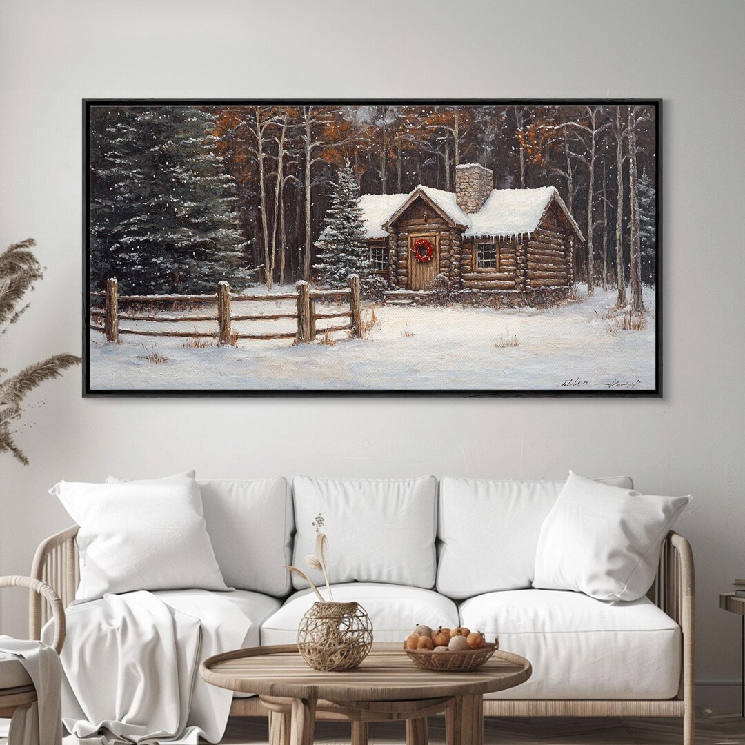 Snowy Log Cabin Framed Canvas Print: Rustic Winter Wonderland Art - Etsy