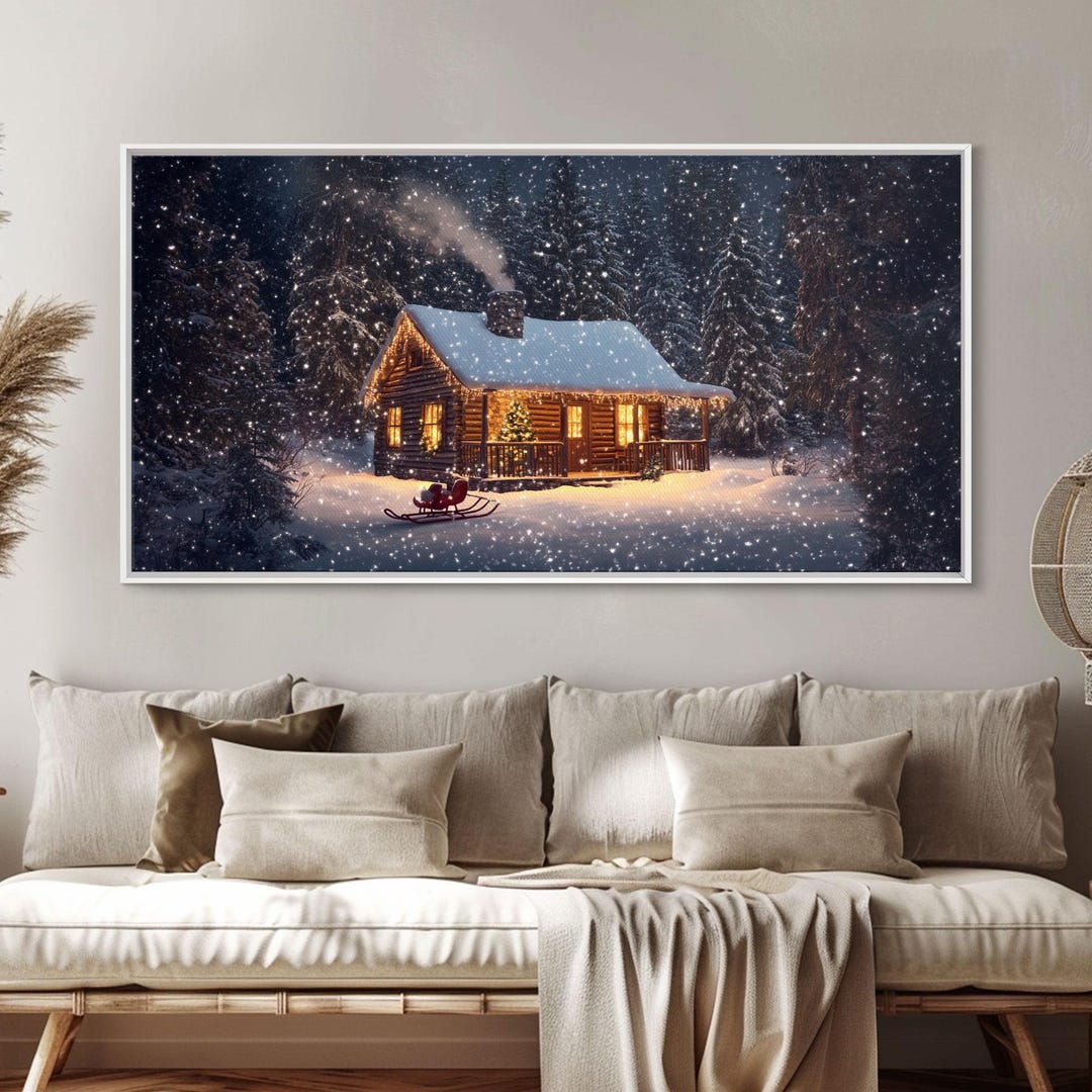 Cozy Cabin in Snow Framed Canvas Print: Winter Holiday Wall Art - Etsy