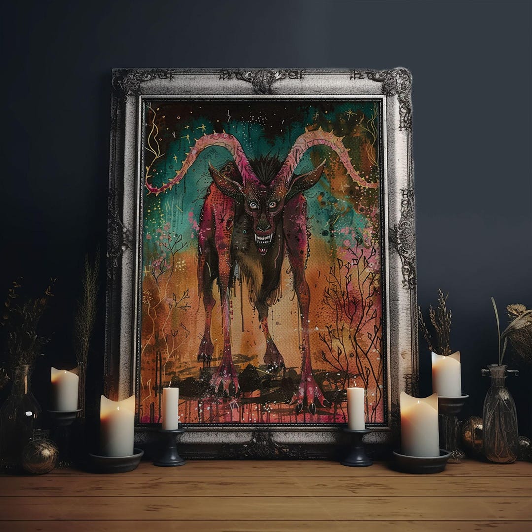 Spooky Goat Demon in the Woods Framed Canvas Print, Halloween Art ...