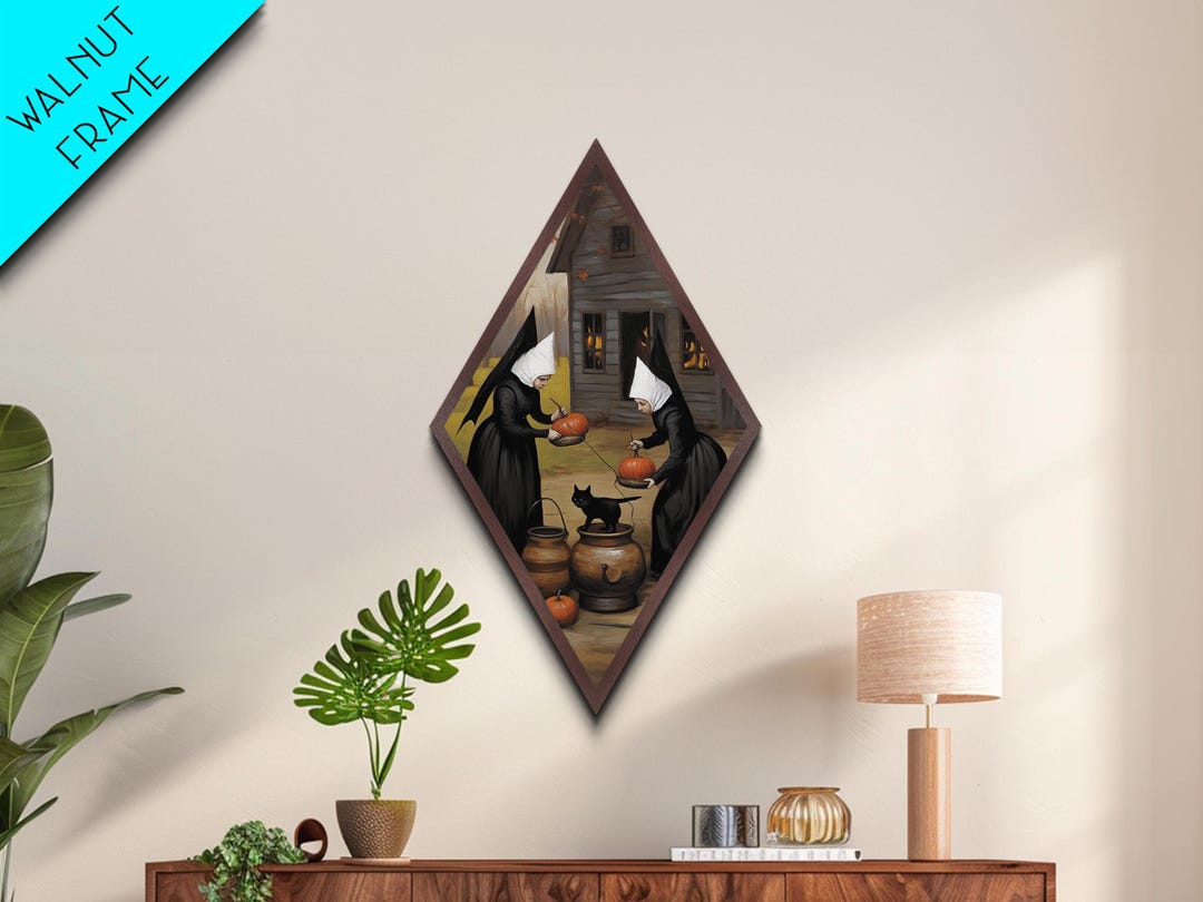 Witchy Black-clad Nuns With Pumpkins and Cats Diamond Shaped Art Canvas ...