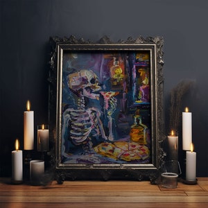 The Hungry Skeleton Chomps a Pizza, Funny Halloween Art, Framed Canvas ...