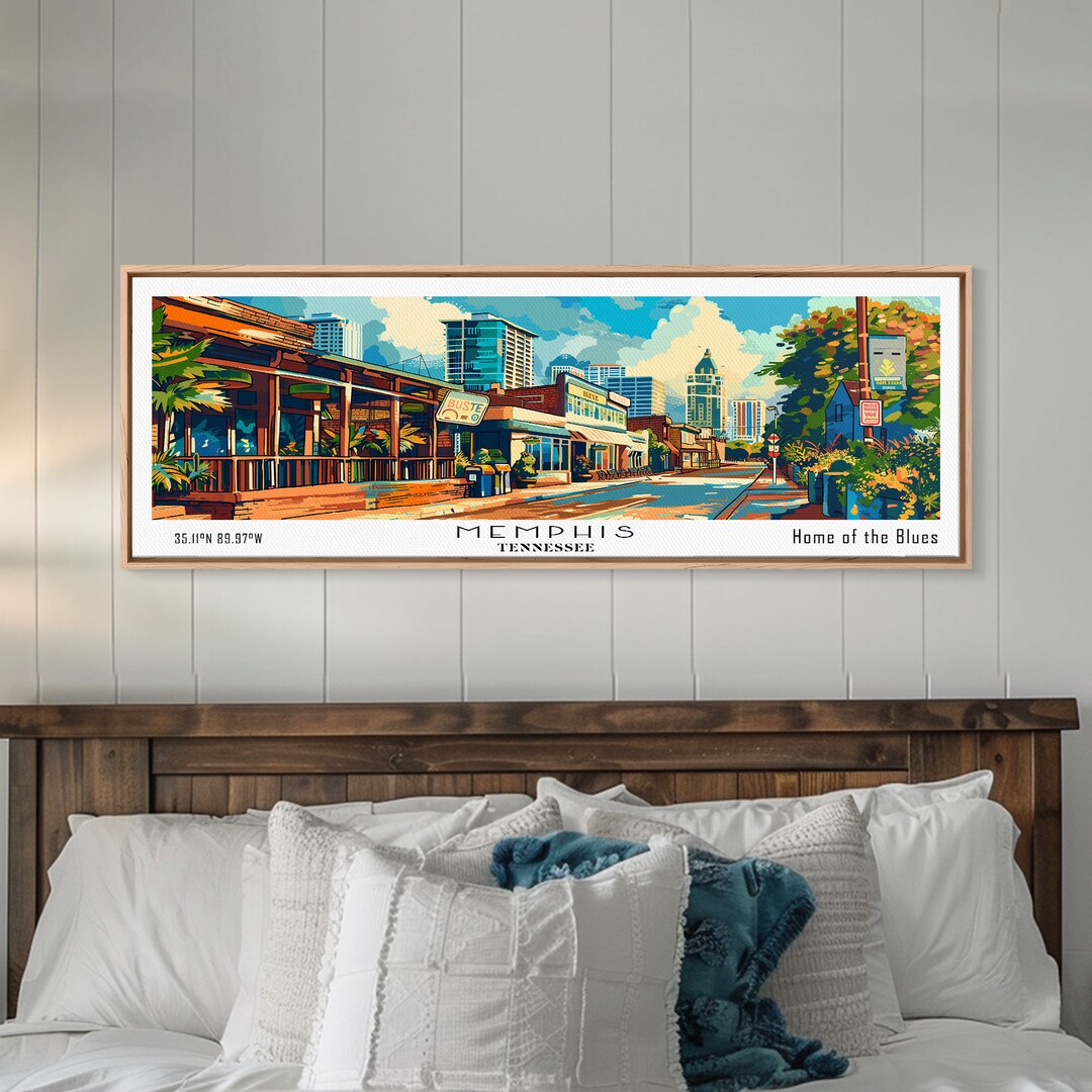 Memphis Tennessee Panoramic Framed Canvas Print, Retro Style Wall Art ...