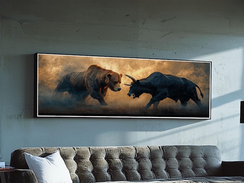 Bull and Bear Canvas Print: Moody Wildlife, Rustic Industrial Wall Art ...