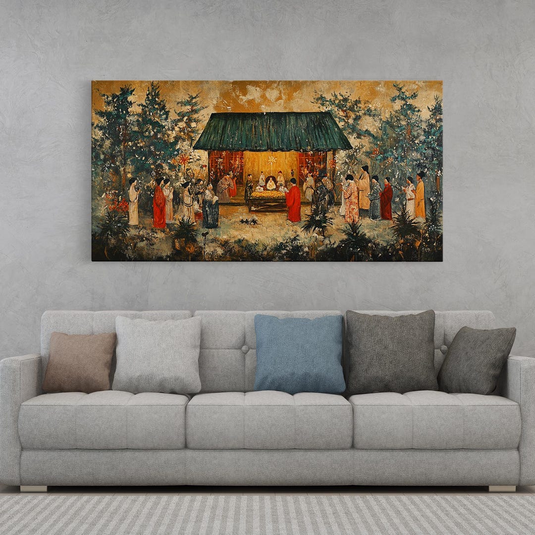 Christmas Midnight Mass at the Cr'che Scene Nihonga Style Framed Canvas ...
