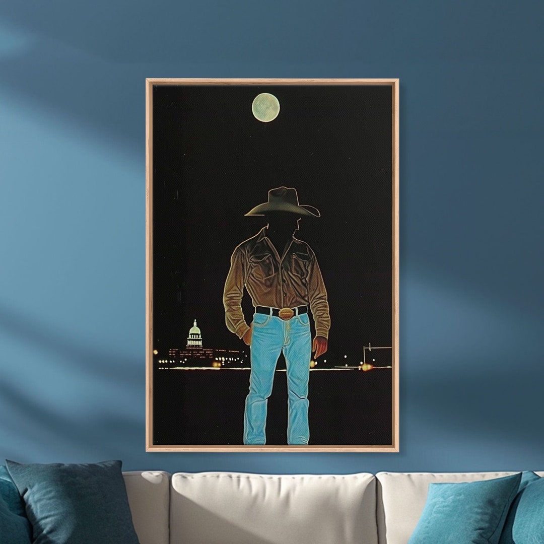 Cowboy Under Moon Canvas Art: Rustic Western Night Sky Decor - Etsy