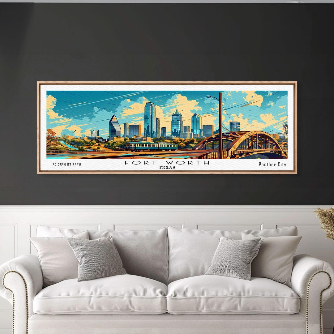 Forth Worth Texas Panoramic Painting: Mid Century Modern Framed Canvas ...