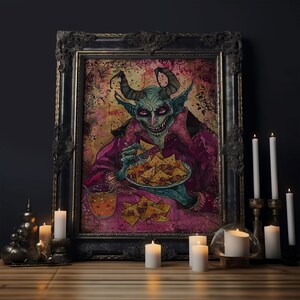Spooky Demon Eating Chips Framed Canvas Print, Halloween Art, Unique ...