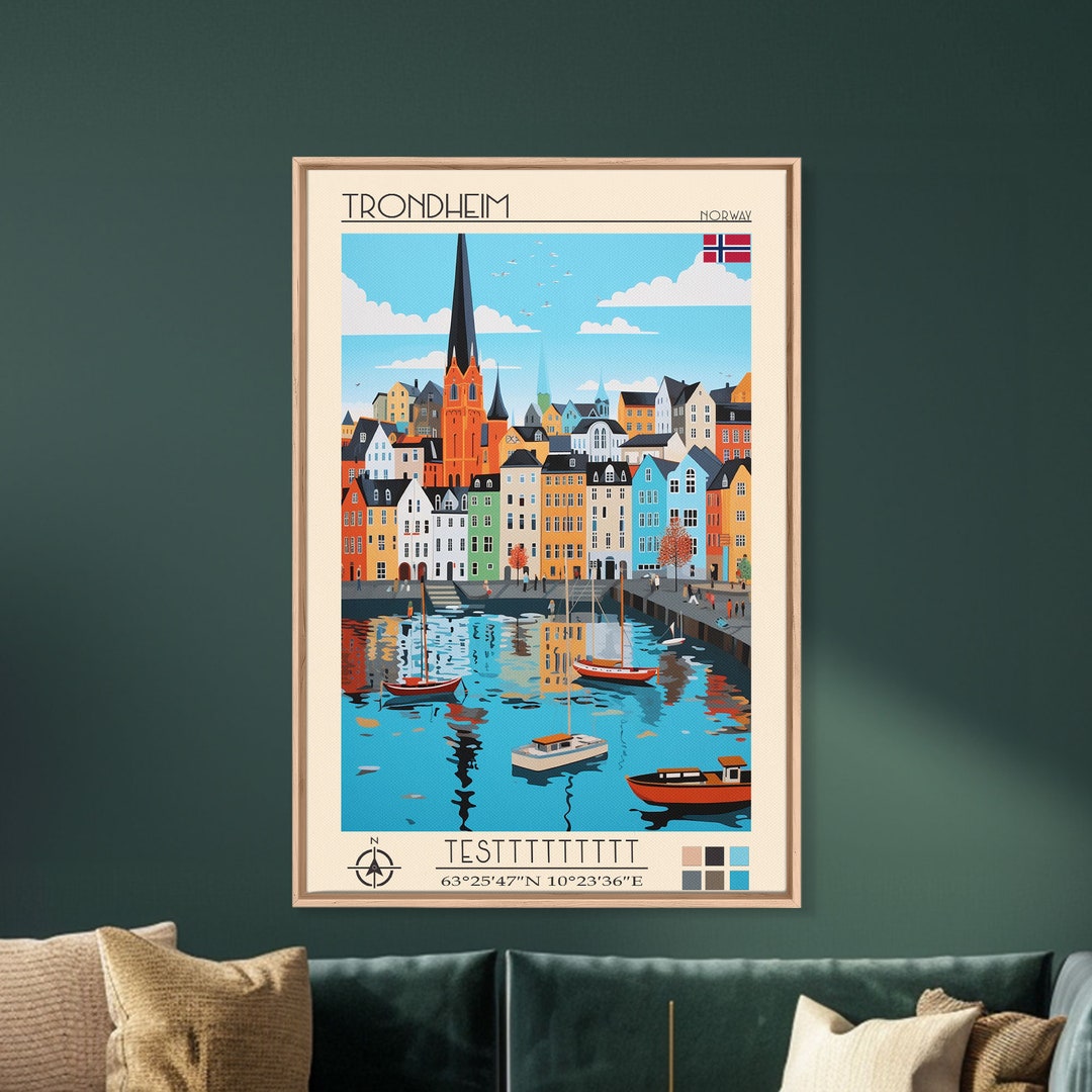 Trondheim Norway Travel Poster Framed Canvas Print, Midcentury Modern ...