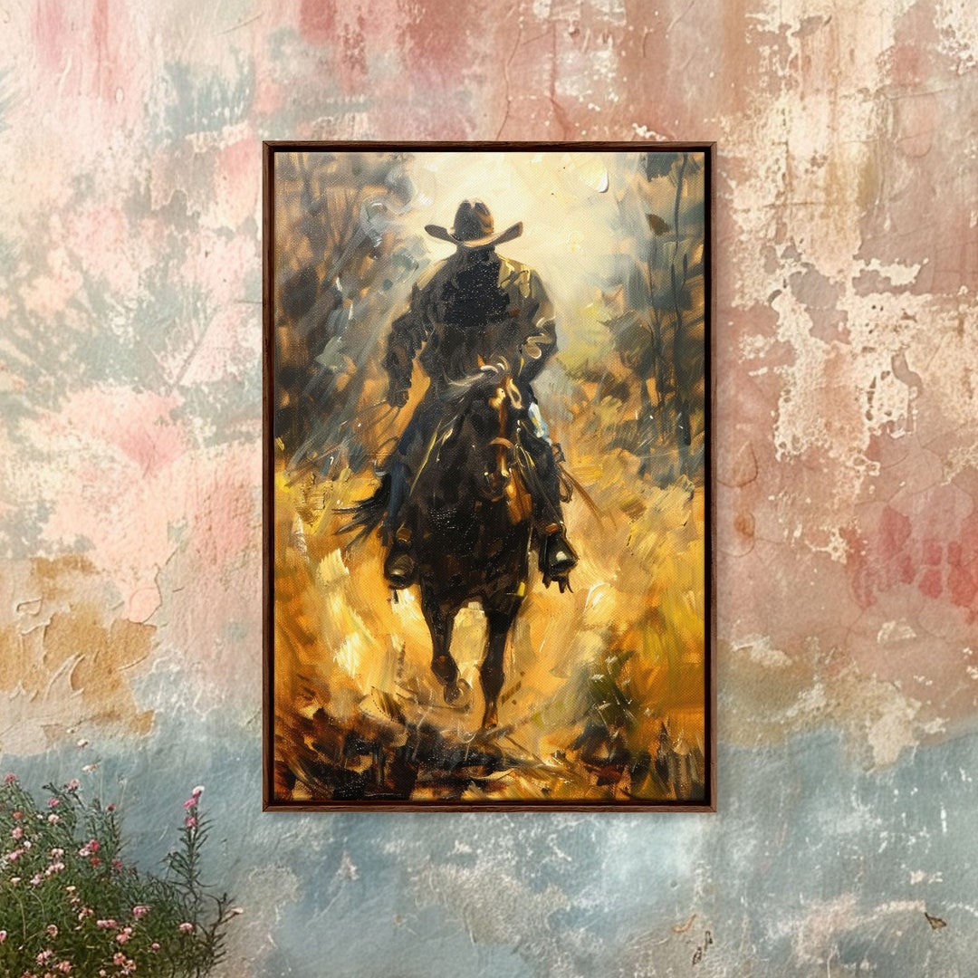 Cowboy Riding Horse Into the Distance - Framed Canvas Print, Western ...