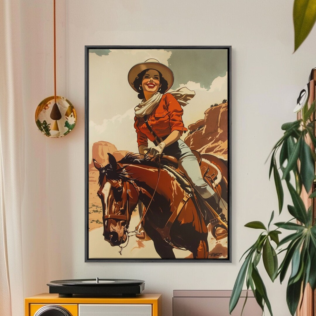Smiling Cowgirl Riding Through Desert | Framed Canvas Print | Western ...