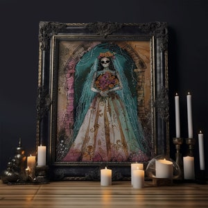 Skeleton Bride in Floral Arch Framed Canvas Print | Halloween Bride Art ...