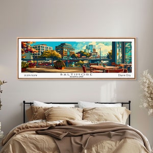 Baltimore Maryland Panoramic Wall Art Framed Canvas Print, Mid Century ...