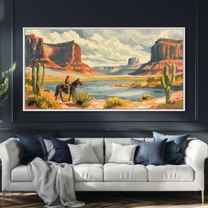Cowboy in Monument Valley Landscape, Framed Canvas Print for Rustic ...