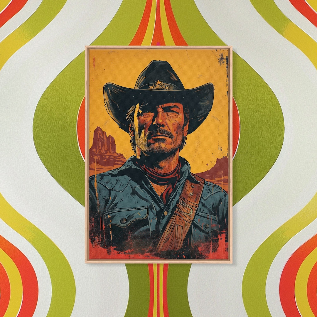 Retro Cowboy Wall Art Framed and Printed on Canvas, Western Art Print ...