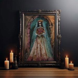 Skeleton Bride in Floral Arch Framed Canvas Print | Halloween Bride Art ...