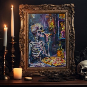 The Hungry Skeleton Chomps a Pizza, Funny Halloween Art, Framed Canvas ...