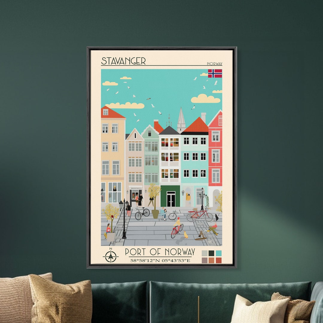 Stavanger Norway Travel Poster Framed Canvas Print, Midcentury Modern ...