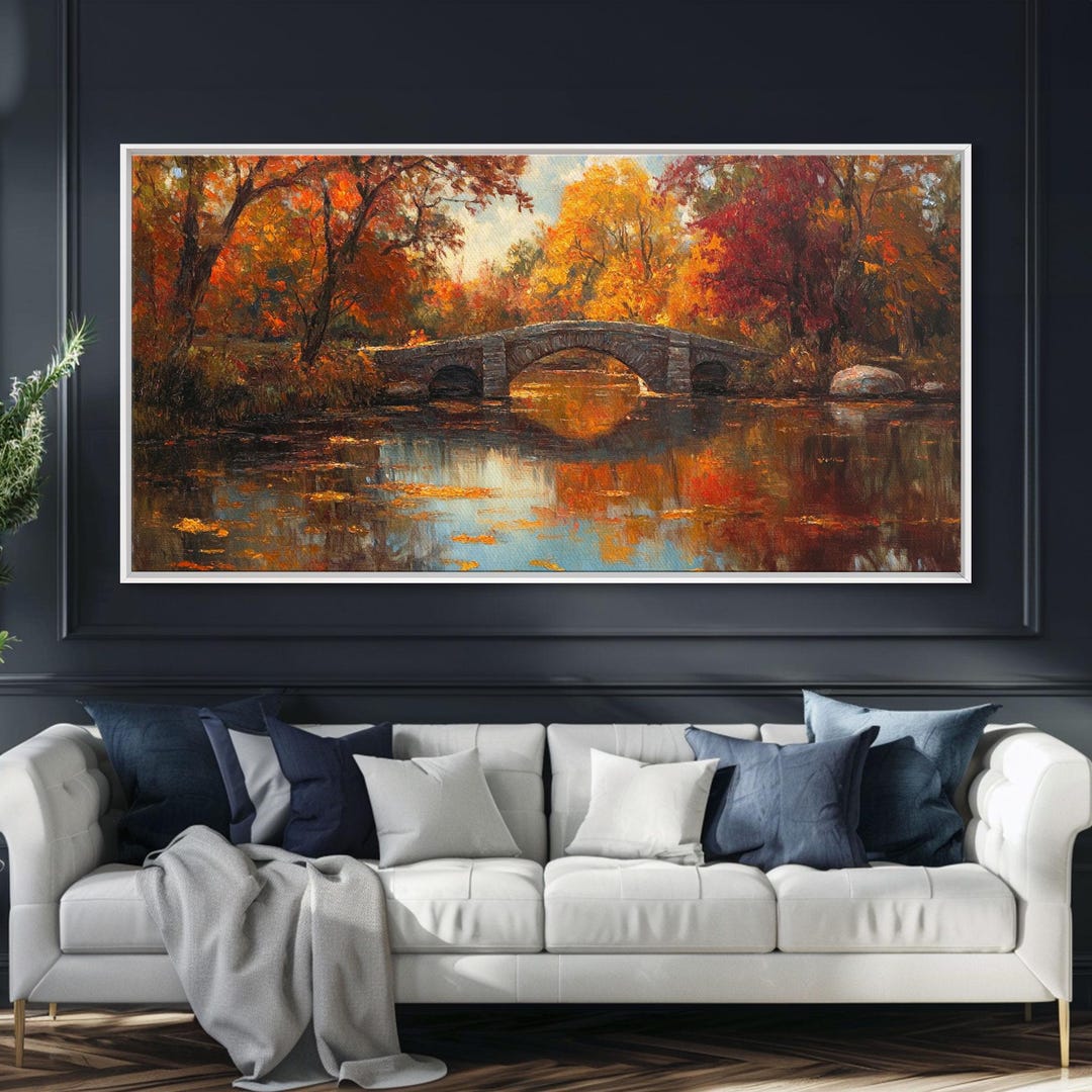 Scenic Autumn Bridge Framed Canvas Print, Cozy Fall Landscape Wall Art ...