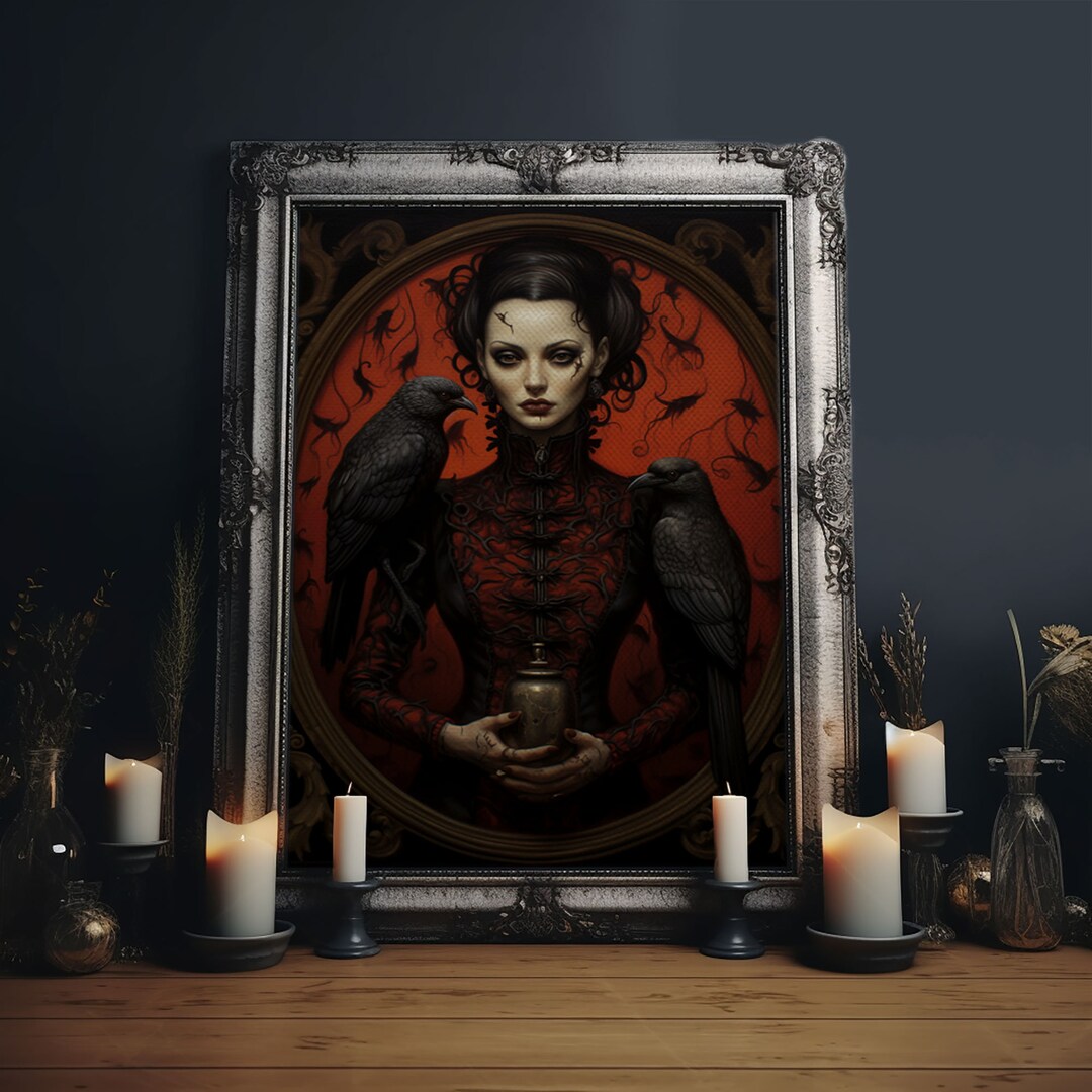 The Witch and Her Crows, Framed Canvas, Oil Painting Print, Halloween ...