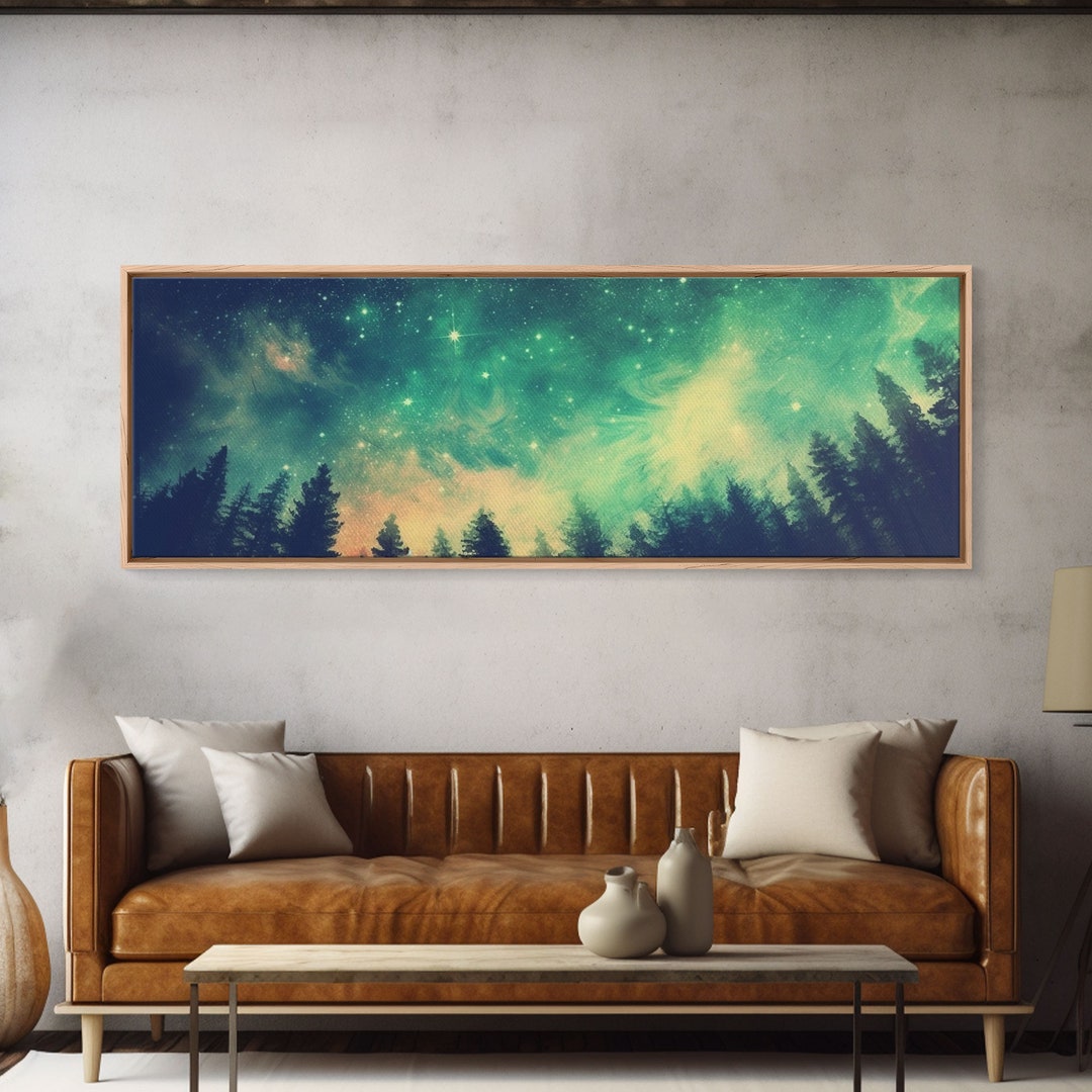 Green Night Sky Watercolor Art Print, Forest Canvas Art, Dark Forest ...