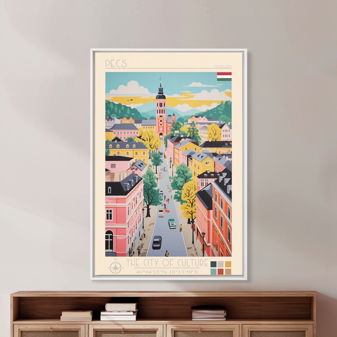 Pecs Hungary Travel Poster Framed Canvas Print, Midcentury Modern Art ...