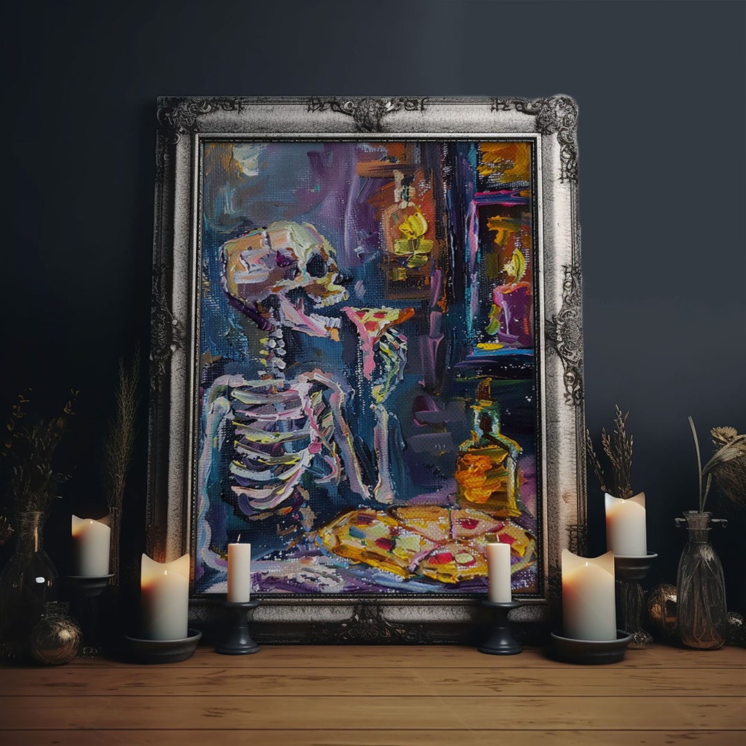 The Hungry Skeleton Chomps a Pizza, Funny Halloween Art, Framed Canvas ...