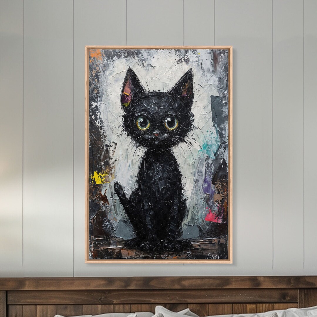 Abstract Black Cat Framed Canvas Print, Cat Lover Art, Cute Cat Printed ...