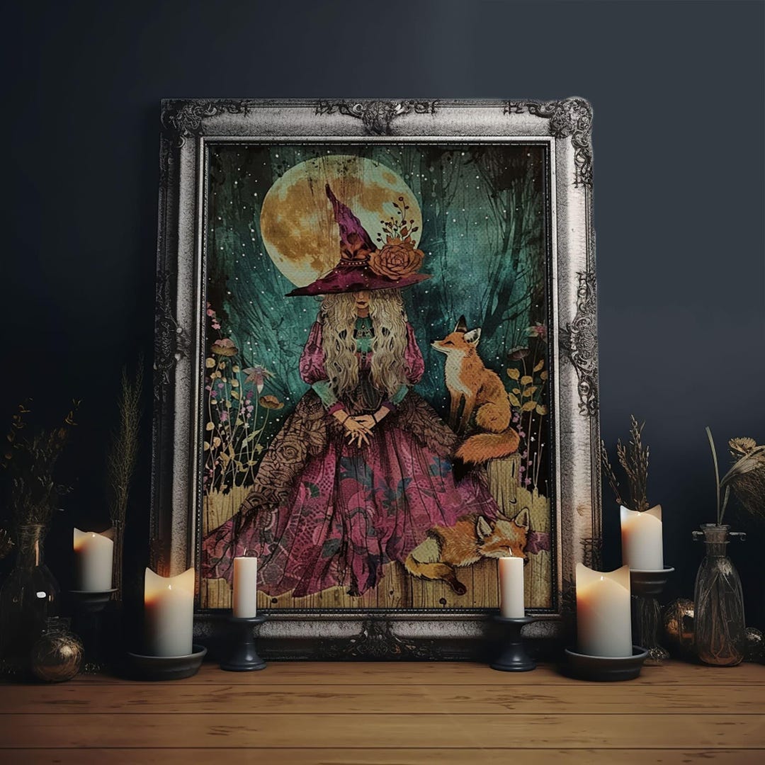 Halloween Witch & Fox Canvas Art: Spooky Cottagecore Print - Etsy