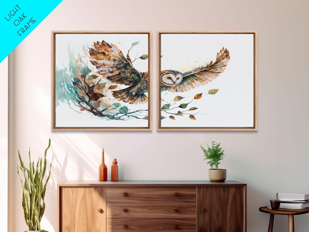 Two Piece Art, Flying Owl With Trees, Leaves, Forest Double Exposure ...