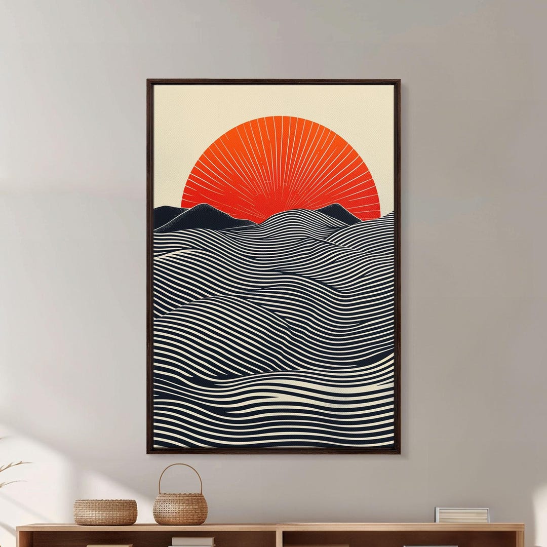 Japanese Sunset Line Art: Geometric Waves, Framed Canvas Print - Etsy