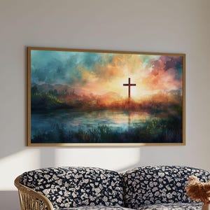 Christian Wall Art Landscape Painting Canvas Print, Beautiful Cross and ...