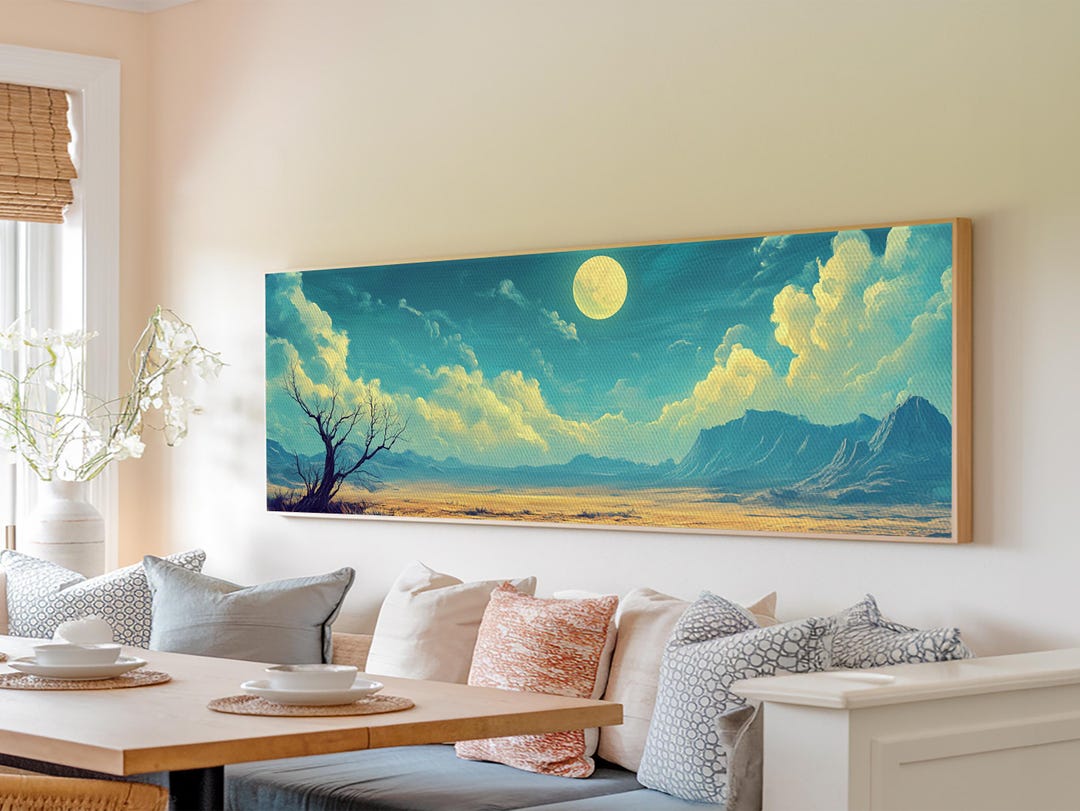 Moonlit Desert Nightscape, Mystical Blue and Gold Landscape Art, Dreamy ...