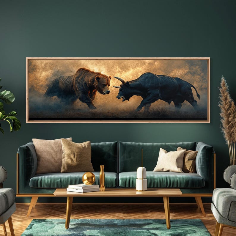 Bull and Bear Canvas Print: Moody Wildlife, Rustic Industrial Wall Art ...