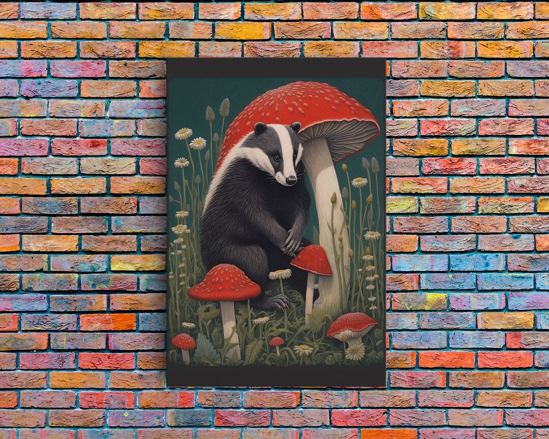 Badger Wall Decor, Cute Badger, Mushrooms Wall Decor, Animal Wall Art ...