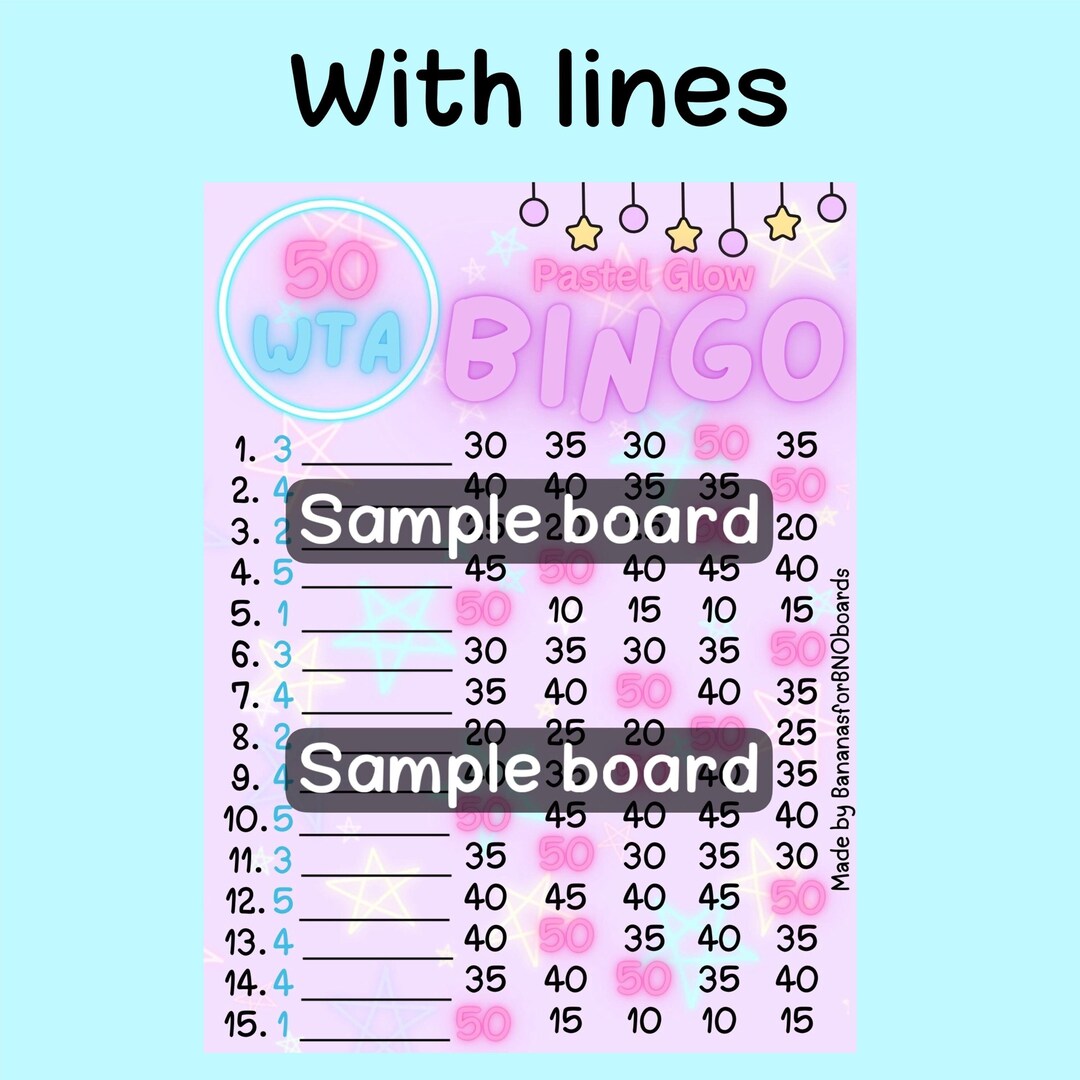 Pastel Glow 50 WTA in Every Row Bingo Board (with and Without Lines) - Etsy