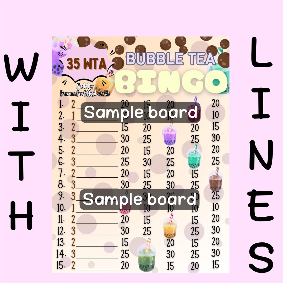 Bubble Tea 35 WTA in Every Row Bingo Board (with and Without Lines) - Etsy