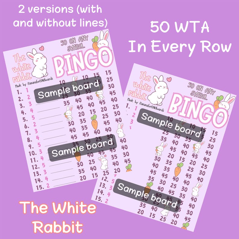 New!!! the White Rabbit 50 WTA in Every Row Bingo Board (with and ...