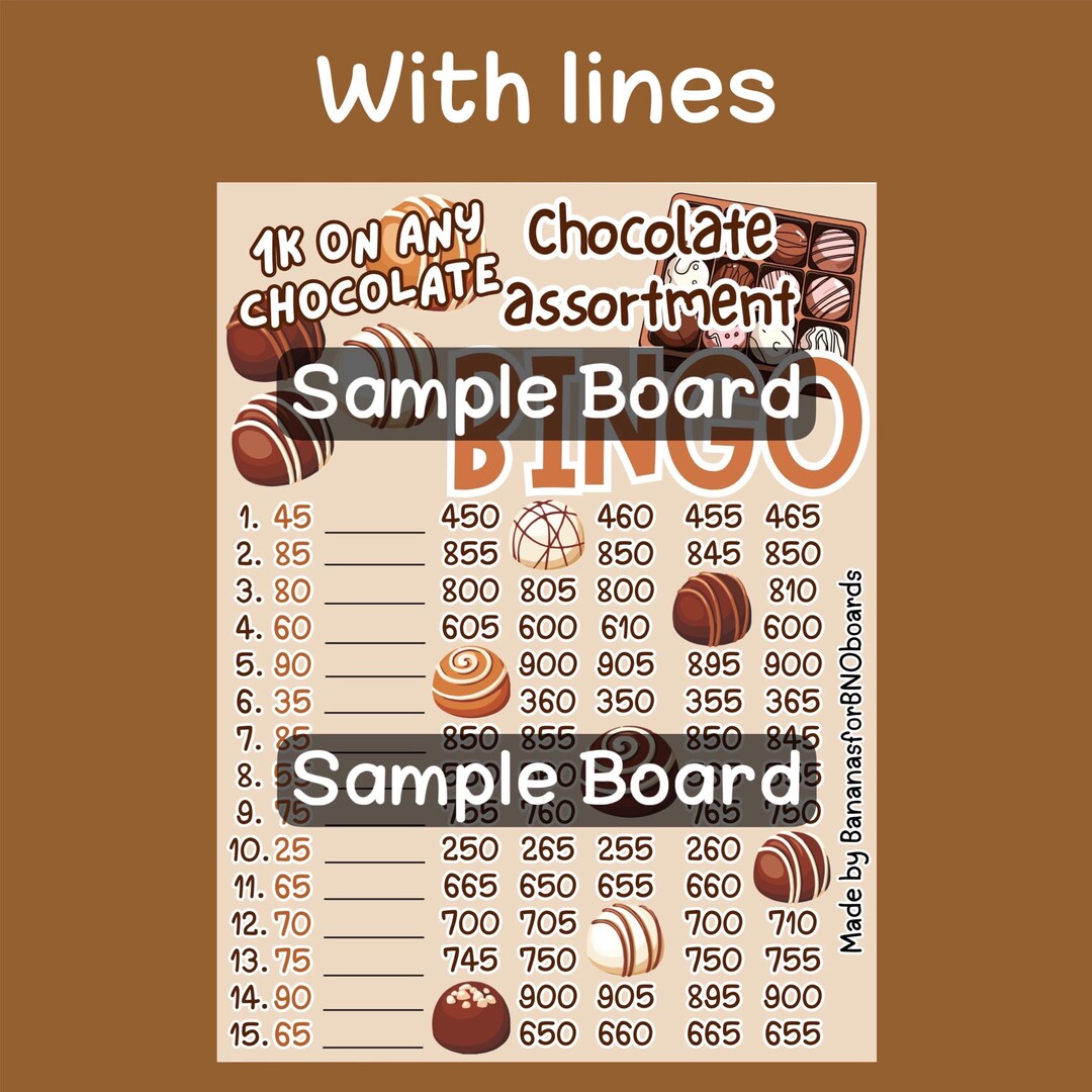 Chocolate Assortment 1K WTA in Every Row Bingo Board (with and Without ...