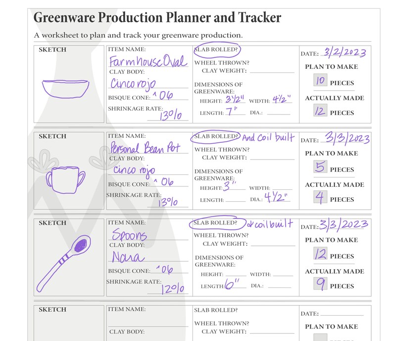 Printable Tracker / Pottery Production Planner and Tracker / Printable ...