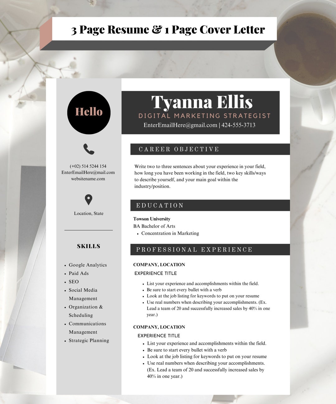 Resume Template Canva | Feminine 3 Page Template With Cover Letter ...