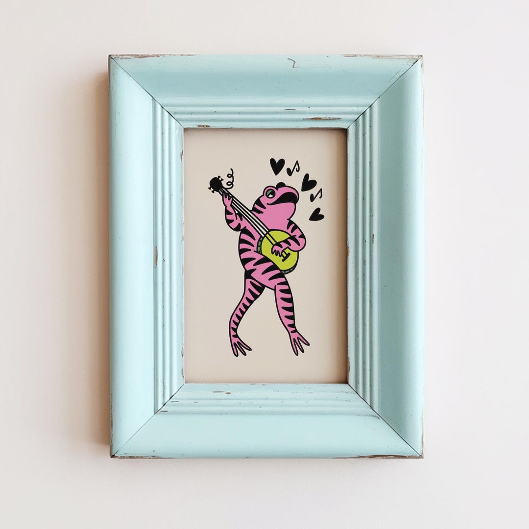 Banjo Frog Tattoo Flash Art Print Pink Toad Wall Art Traditional Tattoo ...